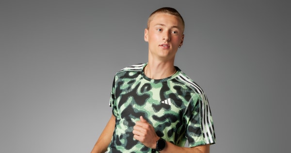 adidas Own the Run 3-Stripes Allover Print T-Shirt - Green | Free ...