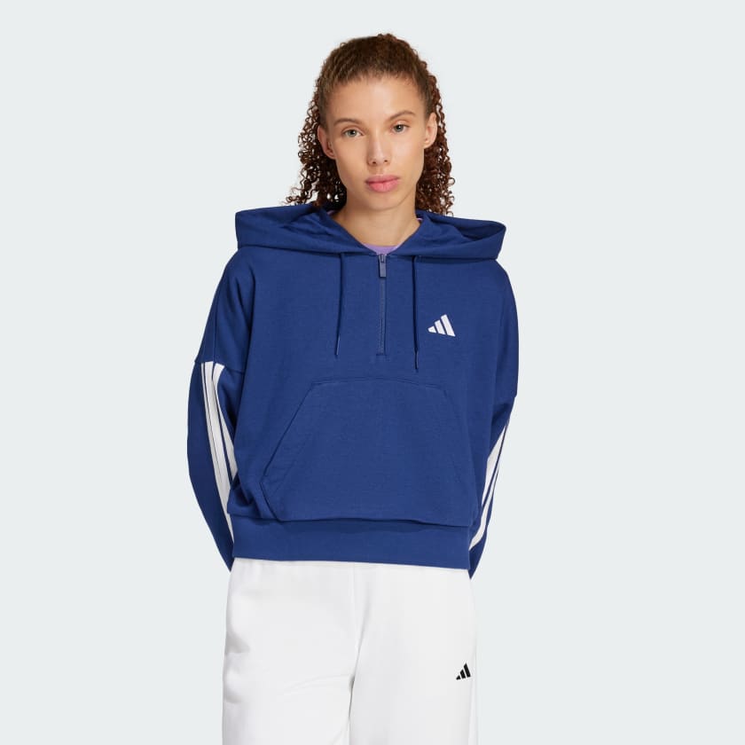 adidas Essentials 3-Stripes French Terry Quarter-Zip Hoodie - Blue ...