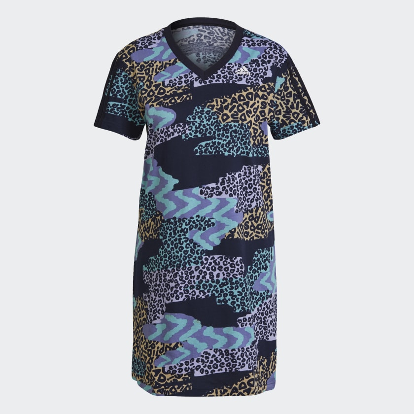 adidas FARM Rio 3-Stripes Print Cotton V-Neck Dress - Blue | Free ...
