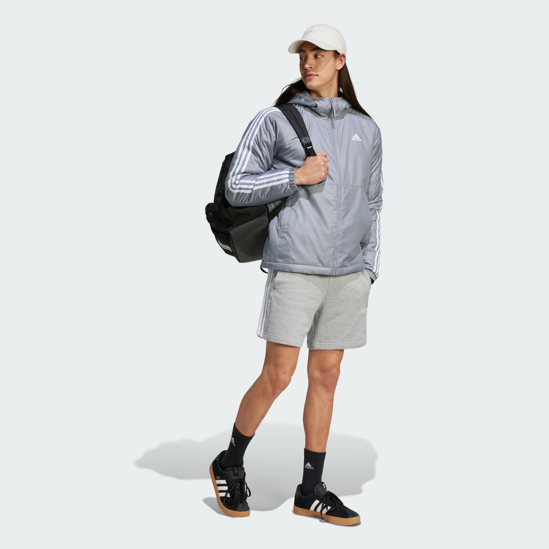 adidas Essentials 3-Stripes Insulated Hooded Jacket - Grey | adidas UAE