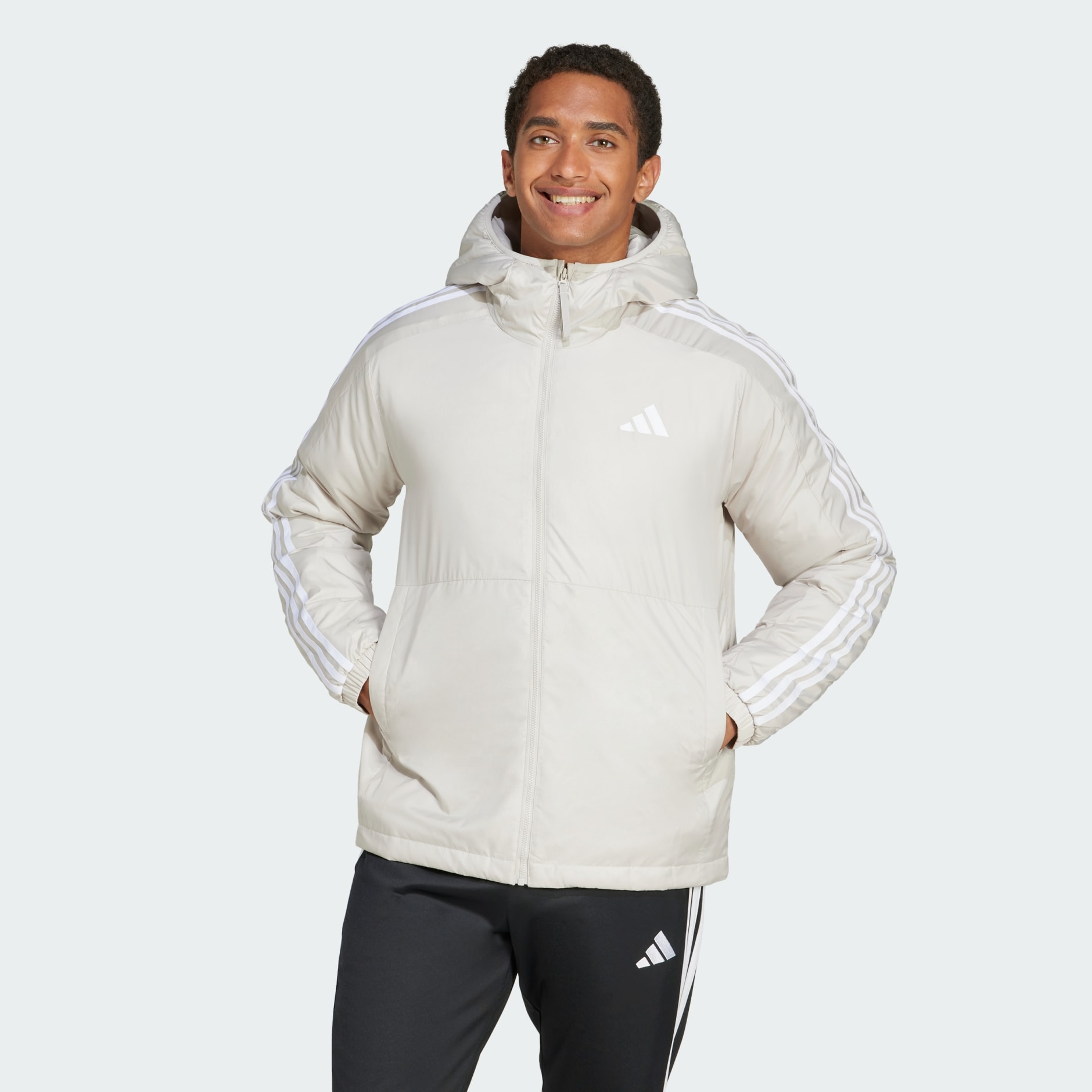 Clothing - Essentials 3-Stripes Insulation Hooded Jacket - Beige | adidas South Africa