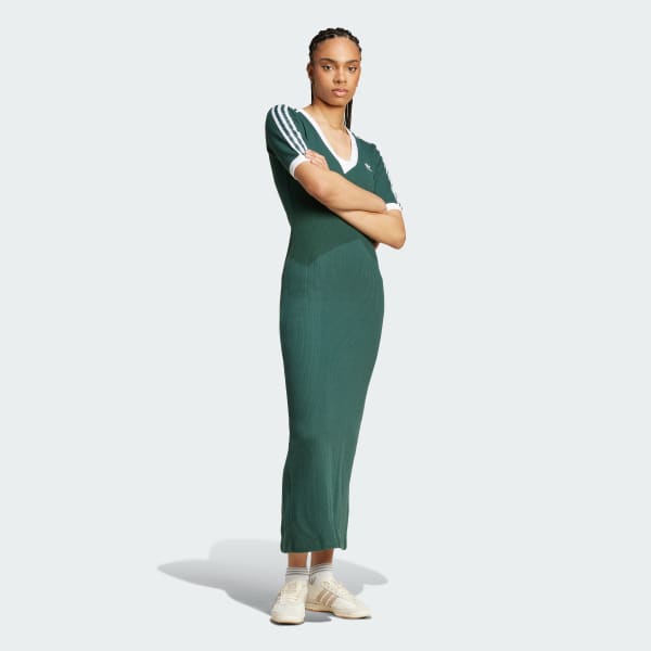 adidas Adicolor 3-Stripes Knit V-Neck Dress - Green | adidas UK